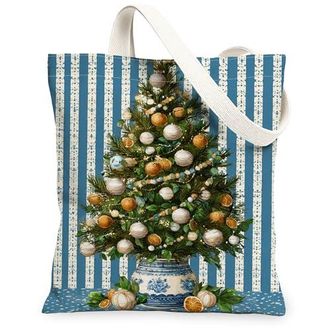 Generic Sac fourre-tout en toile motif arbre de No&euml;l, &eacute;l&eacute;gant motif de plantes de vacances, sacs de courses r&eacute;utilisables, vintage ray&eacute;, l&eacute;ger, lavable, pour 