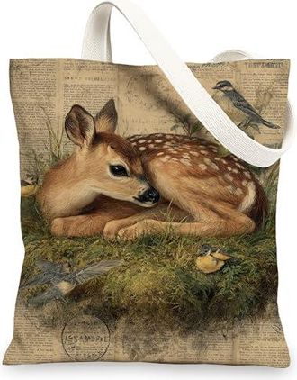 Generic Sacs fourre-tout en toile de cerf, sacs à provisions réutilisables, rustiques, vintage, légers et lavables, bandoulière C, marron, 13x15 Inch