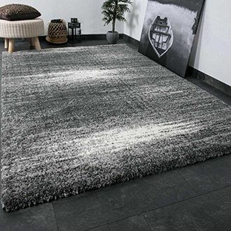 Vimoda Shaggy Teppich Microfaser Polyester Farbe Grau Weiss Extra Flauschig Dicht Gewebt Hochflor, Maße:80x300 cm