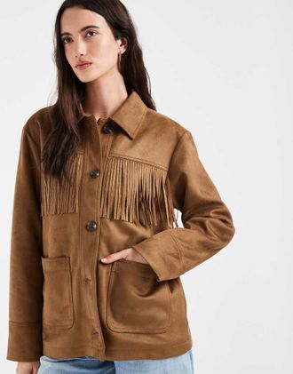 Only veste en daim synth&eacute;tique &agrave; franges, marron clair