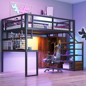 Myboo Kinderbett Etagenbett 140x200, Hochbett Metallbett mit Aufbewahrungsleiter&Kleiderschrank&Tisch&Regal&Netzregal, Funktionsbett Doppelbett Jugendbett S