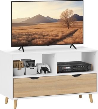 HOMCOM TV Schrank Lowboard mit 2 Ablage, Schublade, 99 cm lang Fernsehtisch für Fernseher, TV Board für Wohnzimmer, Weiß, 99 x 39 x 58,3 cm