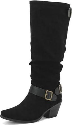 Generic Bottes dhiver larges pour femme avec boucle de ceinture, bout carré, talon épais, chaussures de moto, Noir, 37.5 EU