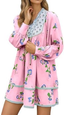 Generic Robe boh&egrave;me 2026 pour femme - Mini robe chemise florale - Col en V - Manches longues - V&ecirc;tement de d&eacute;tente d&eacute;contract&eacute;, Rouge, XXL