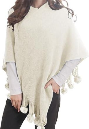 Generic Poncho tendance à col en V pour femme avec pompons de couleur unie - Ponchos à franges en cachemire doux pour soirée, mariage, blanc, taille unique