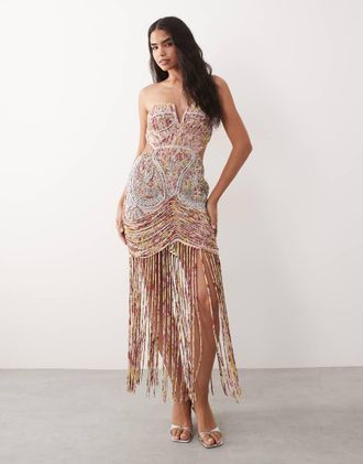 Asos Premium - Besticktes Maxikleid in Rosa mit K&ouml;rbchen und Fransen