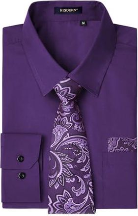 Hisdern Chemises Violet Homme Manches Longues Élégante Chemise Habillée avec Cravate Formelle pour Mariage 3XL