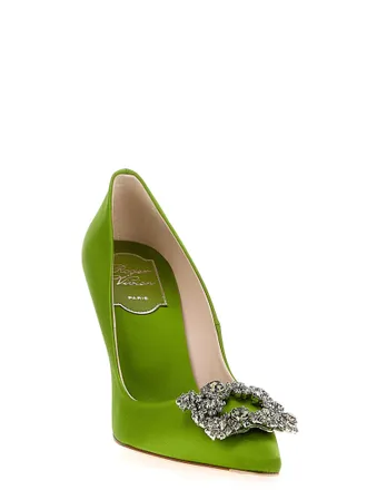 Roger Vivier Womens Flower Strass Pump Green Viscose Silk
