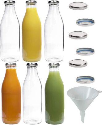 mikken Art 6x Glasflasche Milchflasche 1 Liter mit 12x PVC freiem Schraubverschluss inkl Trichter