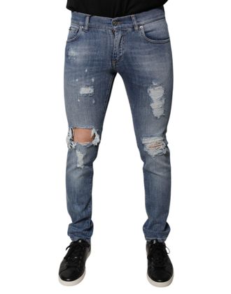Dolce & Gabbana Mens Blue Tattered Cotton Stretch Skinny Denim Jeans Clothing