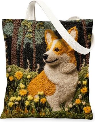 Generic Sac fourre-tout en toile motif chien corgi printanier 33 x 38,1 cm, style tricot&eacute;, sac d&eacute;picerie r&eacute;utilisable pour femme, peinture esth&eacute;tique amusante