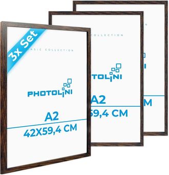 Photolini Bilderrahmen A2 Holz MDF Eiche dunkel, 3er Set Picture Frame Rahmen 42x59,4 mit bruchsicherem Acrylglas, DIN A2 Bilderrahmen 42x60 zum Aufhängen, mit 