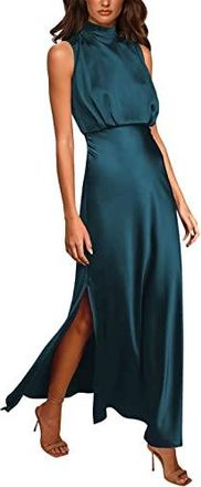 FNKDOR Robe de Soir&eacute;e Femme Couleur Unie Robe Longue en Satin Maxi Robes sans Manche Col Montant Chic et &Eacute;l&eacute;gante Fente Lat&eacute;rale Robes de Cocktail F&ecirc;te Bal M