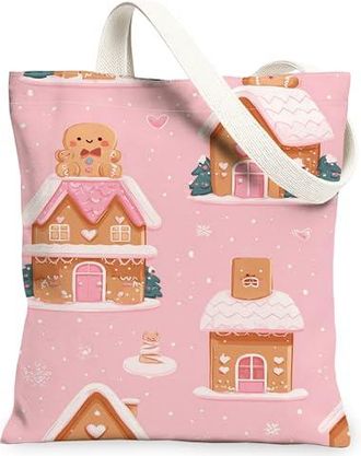 Generic Sac fourre-tout en toile motif maison de pain d&eacute;pices, sacs r&eacute;utilisables, l&eacute;gers et lavables en hiver, bandouli&egrave;re en toile Ba, p&ecirc;che, 13x15 Inch