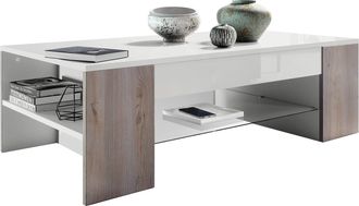 Vladon Couchtisch Clip, Made in Germany, Wohnzimmertisch mit 2 Seitenfächern und 1 Glasplatte, Weiß matt/Eiche Nordic (118 x 37 x 60 cm)