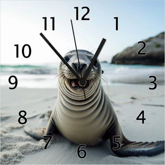 Wallario Design-Wanduhr Robbe am Strand aus Glas, Motiv-Uhr Größe 30 x 30 cm, Schwarze Zeiger