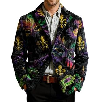 Generic Veste de costume pour homme en velours c&ocirc;tel&eacute; imprim&eacute; multicolore - Costume de carnaval - Motif Mardi Gras - Blazer - Tenue de f&ecirc;te - Vintage - Veste 