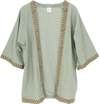 Guru Shop Kurzer Kimono, Boho Cardigan, Offener Baumwoll Kimono - Salbei, Damen, Baumwolle