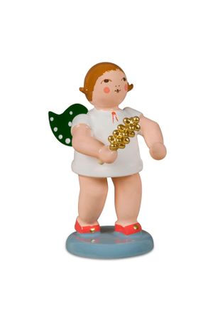 Rudolphs Schatzkiste Weihnachtsfigur Engel ohne Krone mit grün gepunkteten Flügeln, rotem Schuhwerk und goldenem Schellenstab Höhe 6,5cm NEU Holzengel Weihnachtsdeko Engel