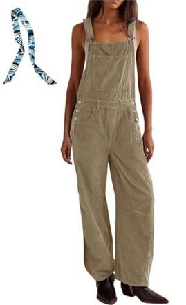 Generic Salopette ample en velours c&ocirc;tel&eacute; pour femme, combinaison &agrave; jambes larges, bretelles r&eacute;glables d&eacute;contract&eacute;e avec poches, kaki, XL