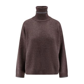 Brunello Cucinelli Femme, Pulls, Brun, Taille: 38 FR Pull Marron avec Décoration en Fil Métallique