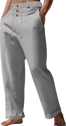 Generic Pantalon de jogging pour homme en lin avec jambe droite et taille et cravate pour printemps et automne, gris, 3XL