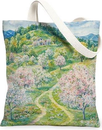 Generic Sac fourre-tout en toile r&eacute;utilisable pour le shopping, 33 x 38 cm, motif fleurs de campagne, arbre d&eacute;picerie, sac d&eacute;picerie r&eacute;utilisable pour femme, 