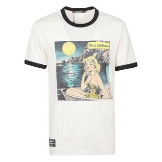 Dolce & Gabbana Homme, Tops, Blanc, Taille: XL T-shirts à Col Rond et Imprimé Graphique