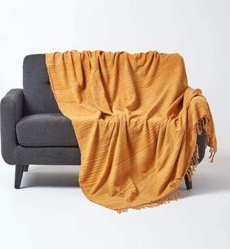 Homescapes Chenille-Tagesdecke, rost-orange, Wohndecke 220 x 240 cm, Sofaüberwurf/Plaid aus 100% Baumwolle mit Fransen, orange gestreift