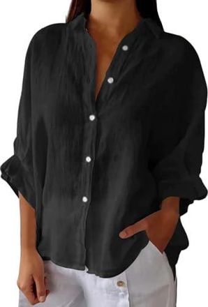 Generic Cadeaux pour Femmes HUIFUAO T-Shirt surdimensionné pour Femme en Coton et Lin avec Boutons et col en V, Manches Courtes, élégant et Ample, Basique pou