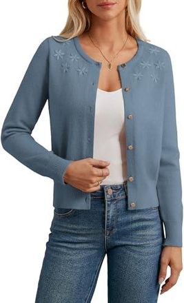 Grace Karin Cardigan d&eacute;t&eacute; pour femme avec broderies d&eacute;cor&eacute;es boutonn&eacute;es col rond manches longues tricot pull, gris/bleu, XL