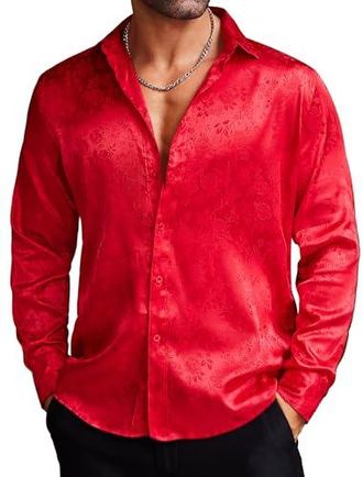 Coofandy Chemise boutonn&eacute;e &agrave; manches longues pour homme Motif cachemire floral Rose, Rouge, L