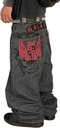 ORANDESIGNE Pantalon Ample pour Homme Coupe Droite Style Hip-hop Bleu Baggy Jeans Adolescent Garçon Streetwear Y2K Pantalon Vintage Imprimé Jeans Skater Planche À