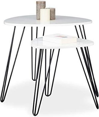 Relaxdays Beistelltisch Weiss 2er Set, eckiger Dreibeiner, Holz Sofatisch f&uuml;r Wohnzimmer, HxD: 52 x 60 cm, gl&auml;nzend Wei&szlig;