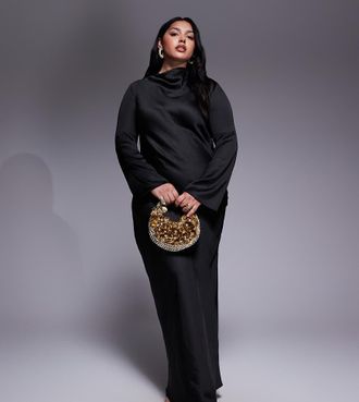 Tfnc Plus Hochgeschlossenes, lang&auml;rmliges Midikleid in Schwarz