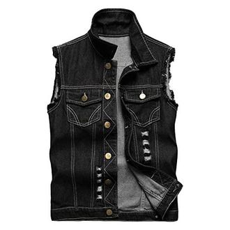 Generic DABAOK Gilet en polaire pour homme et femme - Gilet en jean sans manches &agrave; revers - Coupe ajust&eacute;e - Style r&eacute;tro d&eacute;chir&eacute; - D&eacute;chir&eacute; - Veste sans manches