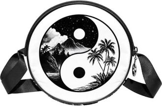 Generic Sac &agrave; bandouli&egrave;re circulaire pour femme, petit sac &agrave; bandouli&egrave;re Yin-Yang dessin&eacute; &agrave; lencre avec fermeture &eacute;clair, bretelles r&eacute;glables, sac &agrave; main rond