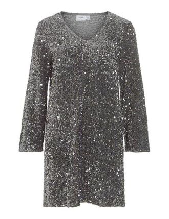 Vila Vila Neck Dress/Vol Vifaith Robe &agrave; Sequins col en V L/S, Argent (Silver), S Femmes