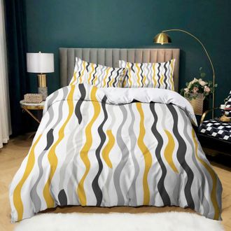 Generic Geometrische Linien Wellen Bettbezug-Set 135 x 200 cm, Senfgelb Print Baumwolle Polyester Bettw&auml;sche Set - Weiches Mikrofaser Bettbezug f&uuml;r Erwachsene