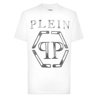 Philipp Plein Homme, Tops, Blanc, Taille: XL T-Shirt Col Rond Hexagon