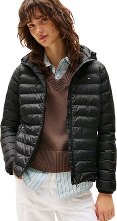 Tommy Hilfiger Damen Daunenjacke Padded Global Stripe Jacket mit Kapuze, Schwarz (Black), XXL