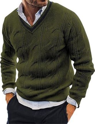 Generic Pull tricoté pour homme, pull en tricot torsadé, col en V, pull épais à manches longues, pull de cricket épais, pull de cricket de couleur unie, pull 