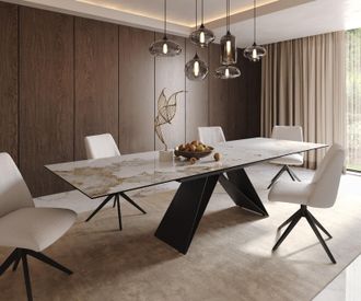 DELIFE Esstisch Edge 200-300x100 Keramik Minas Melange Weiß-Beige V-Gestell Flachstahl Schwarz ausziehbar, Esstische
