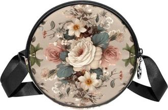 Generic Sac &agrave; bandouli&egrave;re rond pour femme, sac &agrave; bandouli&egrave;re classique vintage &agrave; motif floral avec fermeture &eacute;clair, bretelles r&eacute;glables, sac &agrave; main rond d&eacute;co