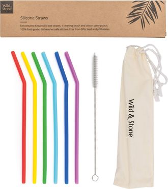 Wild & Stone | Sechs bunte Silikon-Trinkhalme | Reinigungsb&uuml;rste & Baumwollbeutel | wiederverwendbar, umweltfreundlich, lebensmittelechtes Silikon & sp&uuml;lmaschinenf