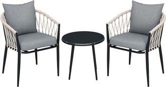 OUTSUNNY Salon de Jardin 2 Personnes 3 pièces 2 fauteuils avec Coussins + Table Basse Ronde Plateau Verre trempé Corde tressée et métal Gris