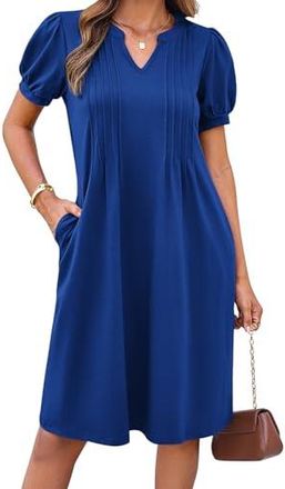Grace Karin Femme Ete Robe A-Line Manche Courte Casual Robe Femme Henley Col en V avec Poches Chic et Elegant Saphir XL