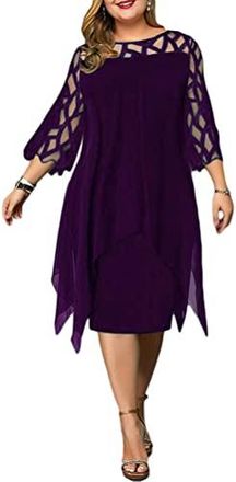 Minetom Femmes Manches 3/4 Lâche Grande Taille Robes Elégante Au Genou Robe de Soirée Cérémonie Cocktail Mariage D Violet 3XL