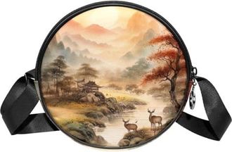 Generic Petit sac &agrave; bandouli&egrave;re rond pour femme, motif cerf, coucher de soleil et montagne, avec fermeture &eacute;clair, bretelles r&eacute;glables, sac &agrave; main rond d&eacute;cont