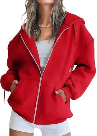 Generic Sweat &agrave; capuche zipp&eacute; surdimensionn&eacute; pour femme, Rouge, XXL
